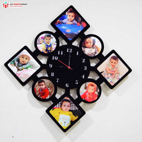 Customized Wooden Photo Clock With 8 Photos – MyPhotoPrint.in