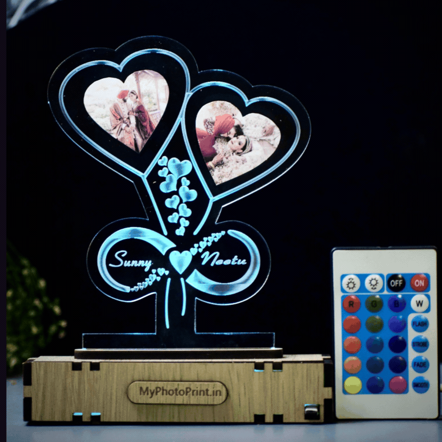 Love's Embrace Double Heart With Photo & Name Couple Lamp for Gift ...